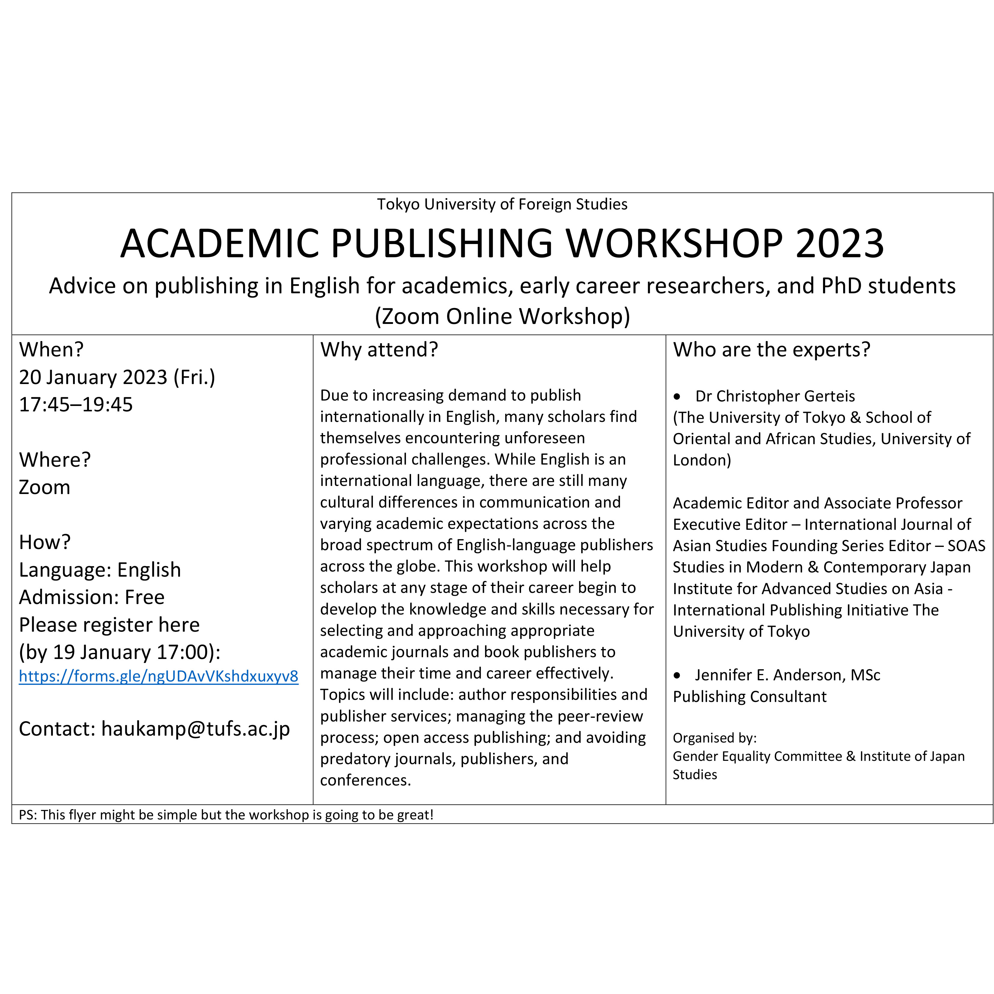 ACADEMIC PUBLISHING WORKSHOP 2023: Advice on publishing in English for academics, early career ...